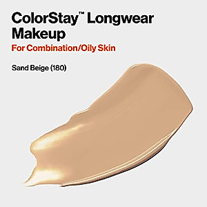 Revlon Liquid Foundation, ColorStay Face Makeup for Combination & Oily Skin, SPF 15, Longwear Medium-Full Coverage with Matte Finish, Sand Beige (180), 1.0 Oz