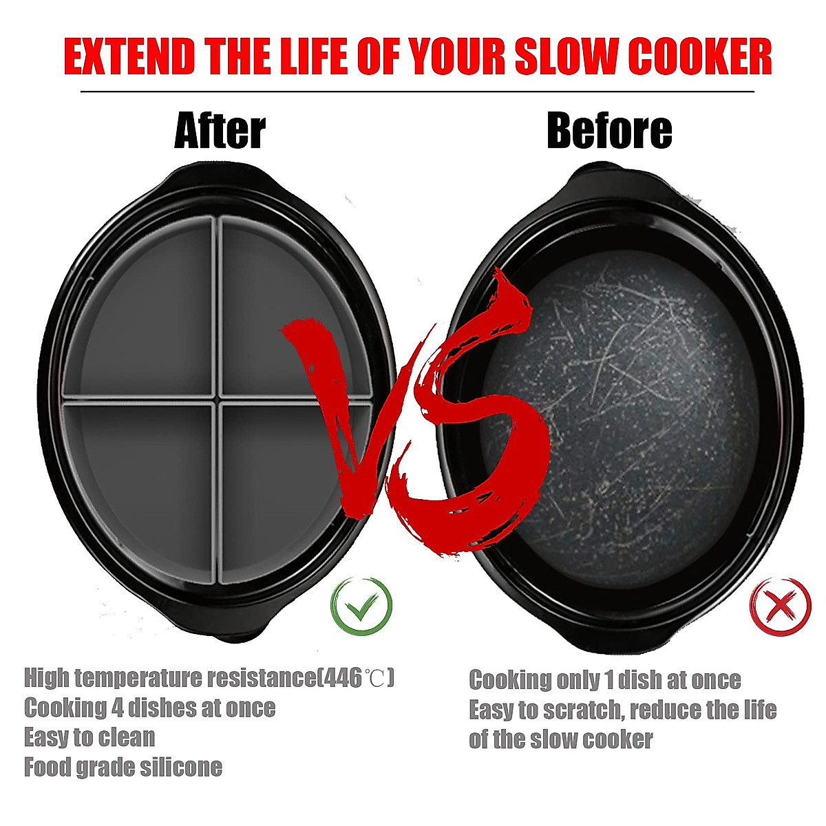 Slow Cooker Divider Liner fit 6 QT Crockpot, Reusable & Leakproof Silicone Crockpot Divider, Dishwasher Safe Cooking Liner for 6 Quart Pot (Grey)