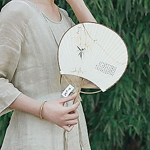 PHONME Handmade Art Round Fan New Chinese Flower Fan Summer Bamboo Fan Paper Round Fan Art Gift Vintage Style