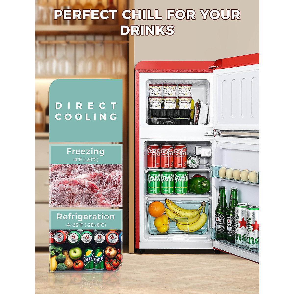 Anypro 3.2 Cu.Ft Refrigerator, Retro Double Door Fridge with Freezer, 7 Adjustable Temperature Settings, Removable Glass Shelves for Dorm, Office, Bedroom, Apartment, Red