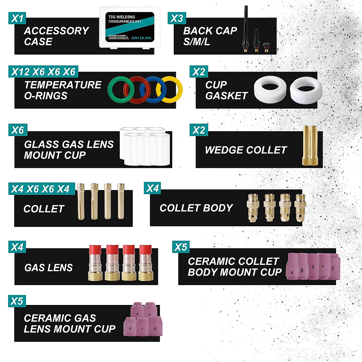 AWLOLWA 81PCS TIG Welding Torch Accessories Kit Collets Body Glass Cup Alumina Nozzle Stubby Gas Lens #10 Pyrex Cup Kit for TIG WP-17/18/26