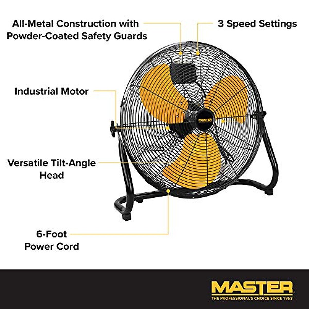 MASTER 20 Inch Industrial High Velocity Floor Fan - Direct Drive, All-Metal Construction with Steel-Coated Safety Grill, 3 Speed Settings (MAC-20F)