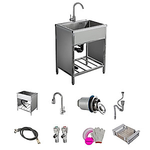 OMESDA Commercial Kitchen Sink, Stainless Steel Utility Sink, Cold and Hot Water Faucet, Freestanding Mop Basin Sink for Laundry