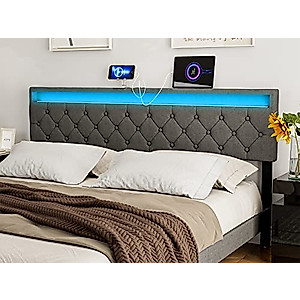 IKIFLY Upholstered King Size Headboard with 2 USB Ports & LED Lights - Adjustable Height - Button Tufted Padded Linen Fabric Headboard, Easy Assembly, King Headboard Only for Bedroom - Dark Grey