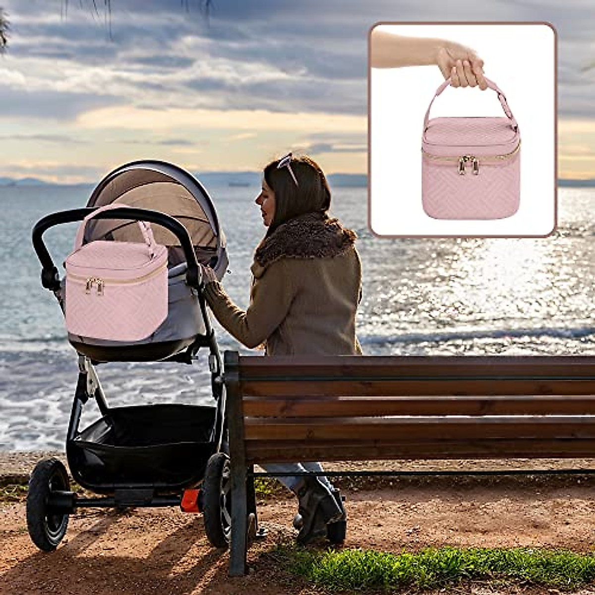 Fasrom Breastmilk Cooler Bag with Ice Pack Fits 4 Baby Bottles up to 5 Ounce, Insulated Baby Bottle Bag for Nursing Moms Daycare or Travel, Easily Attaches to Stroller, Pink (Patent Design)