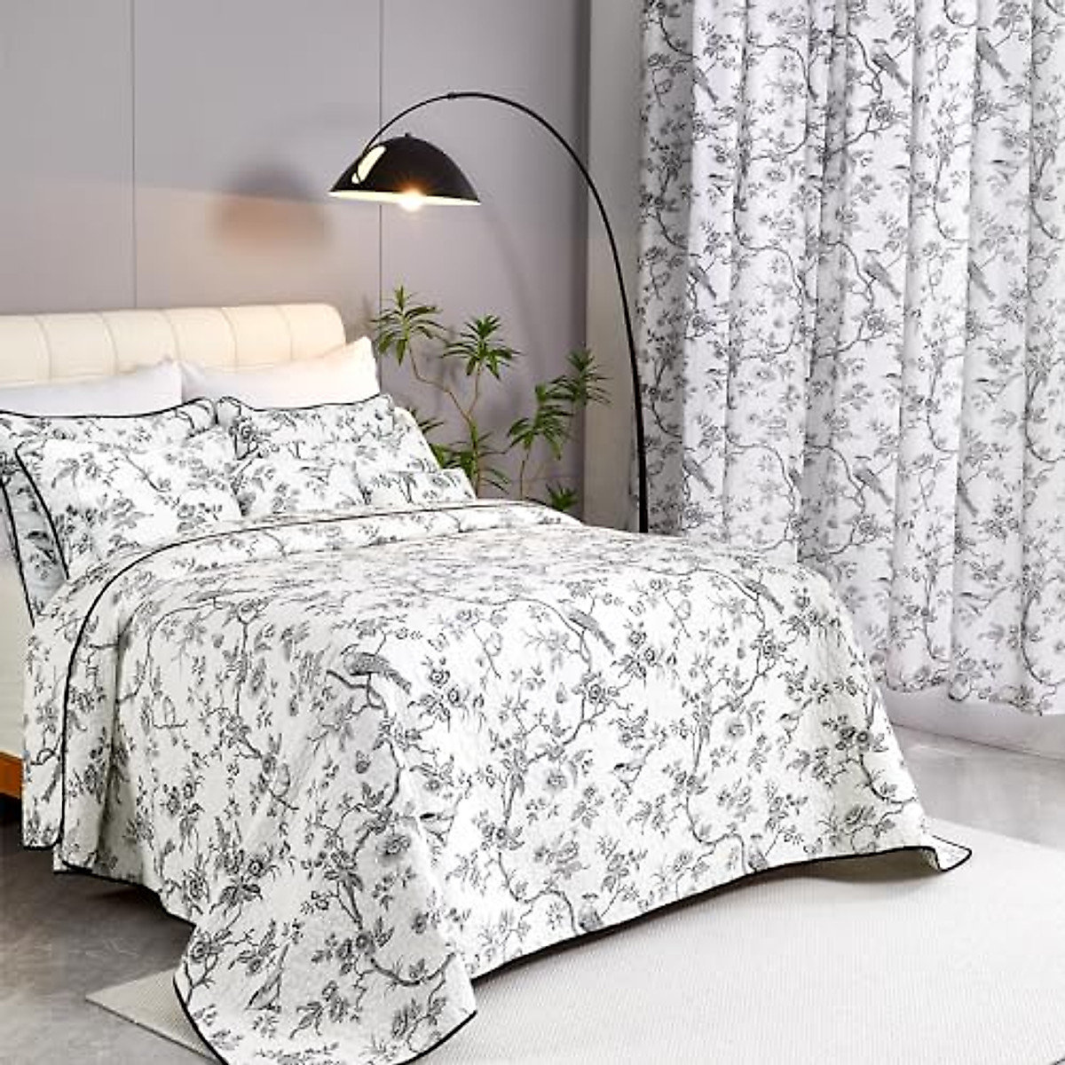 EVENHUG Quilted Pillow Shams Set of 2 Black Bird Pillow Covers Floral Pillowcases Matching Bedding Decoration (20" X 36")