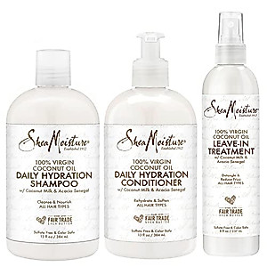 Shea Moisture Shampoo and Conditioner Set, 13 Fl Oz Ea with Leave In Treatment Spray 8 Fl Oz, Daily Hydration 100% Virgin Coconut Oil, Curly Hair Products Bundle, Shea Butter, Coconut Milk
