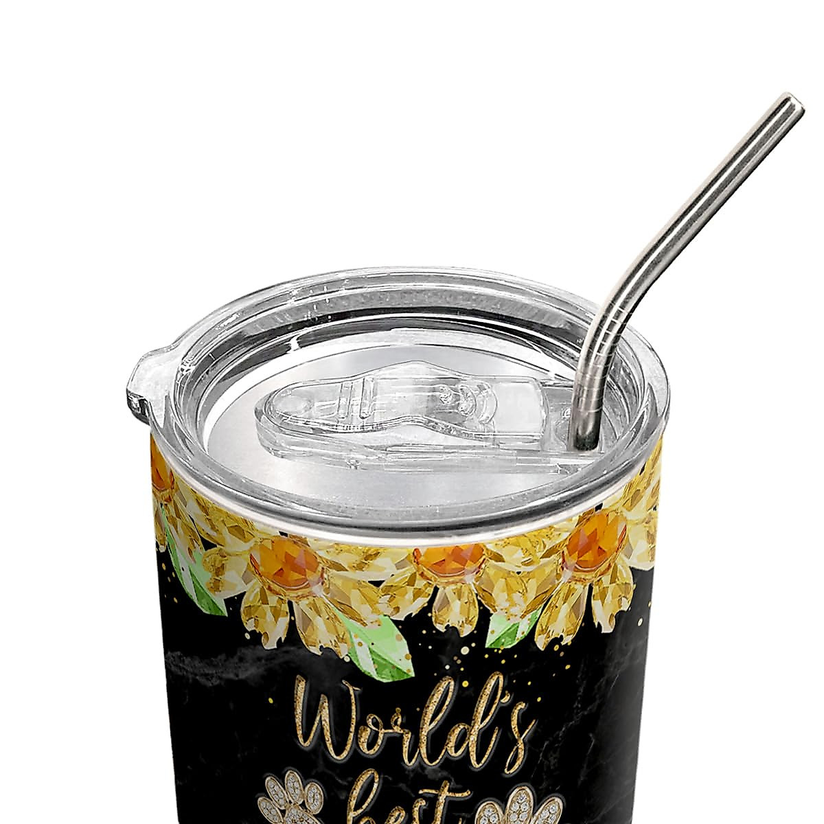 20oz Yellow Jewelry Crystal Sunflower Dog Mom Tumbler, World's Best Dog Mom, Gifts for Dogs Lovers, Coffee Thermos, Stainless Steel Double Wall Vacuum Insulated Coffee Mug, Travel Cup with Lid