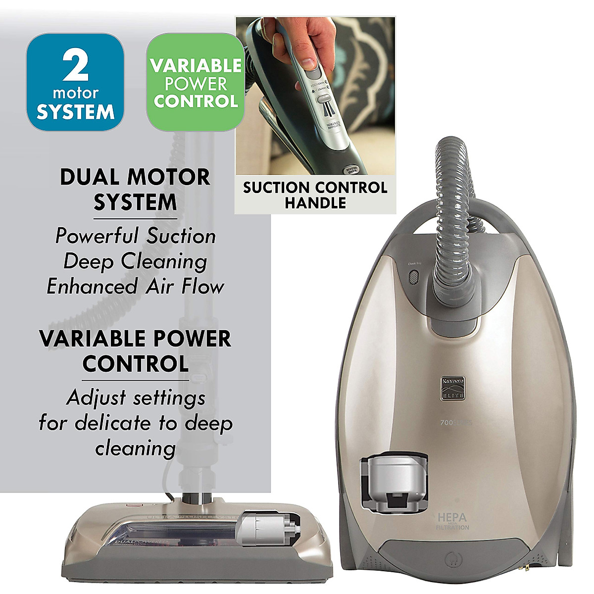 Kenmore Elite 81714 Pet Friendly Ultra Plush Lightweight Bagged Canister Vacuum with Pet PowerMate, HEPA, Extended Telescoping Wand, Retractable Cord, and 3 Cleaning Tools-Champagne