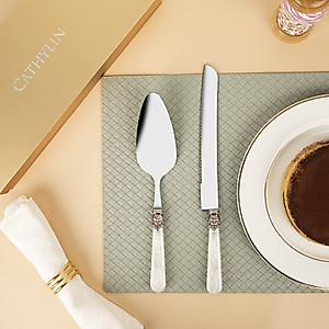 CATHYLIN Wedding Cake Knife and Serve Set, Fancy Hand Craft Italian Style Design, White Pearl Pie Knife Server Set, Vintage Silverware,Cake Cutter Set, Cake Knife Gift Set, 2 pcs