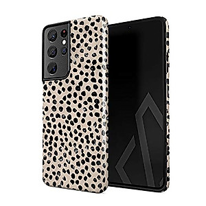 BURGA Phone Case Compatible with Samsung Galaxy S21 Ultra - Hybrid 2-Layer Hard Shell + Silicone Protective Case -Black Polka Dots Pattern Nude Almond Latte - Scratch-Resistant Shockproof Cover