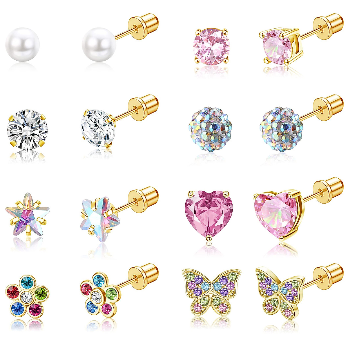 FIBO STEEL 8 Pairs Hypoallergenic Screw back Earrings for Women 316L Stainless Steel CZ Heart Pearl Flower Butterfly Screw Back Stud Earrings Pack Gold