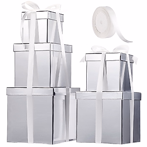 Cholemy 5 Pcs Square Nesting Boxes Decorative Gift Boxes with Lid and Ribbon Assorted Sizes Wrap for Wedding, Anniversary, Birthday, Bridal Shower, Graduation Party(Silver,Cardboard)