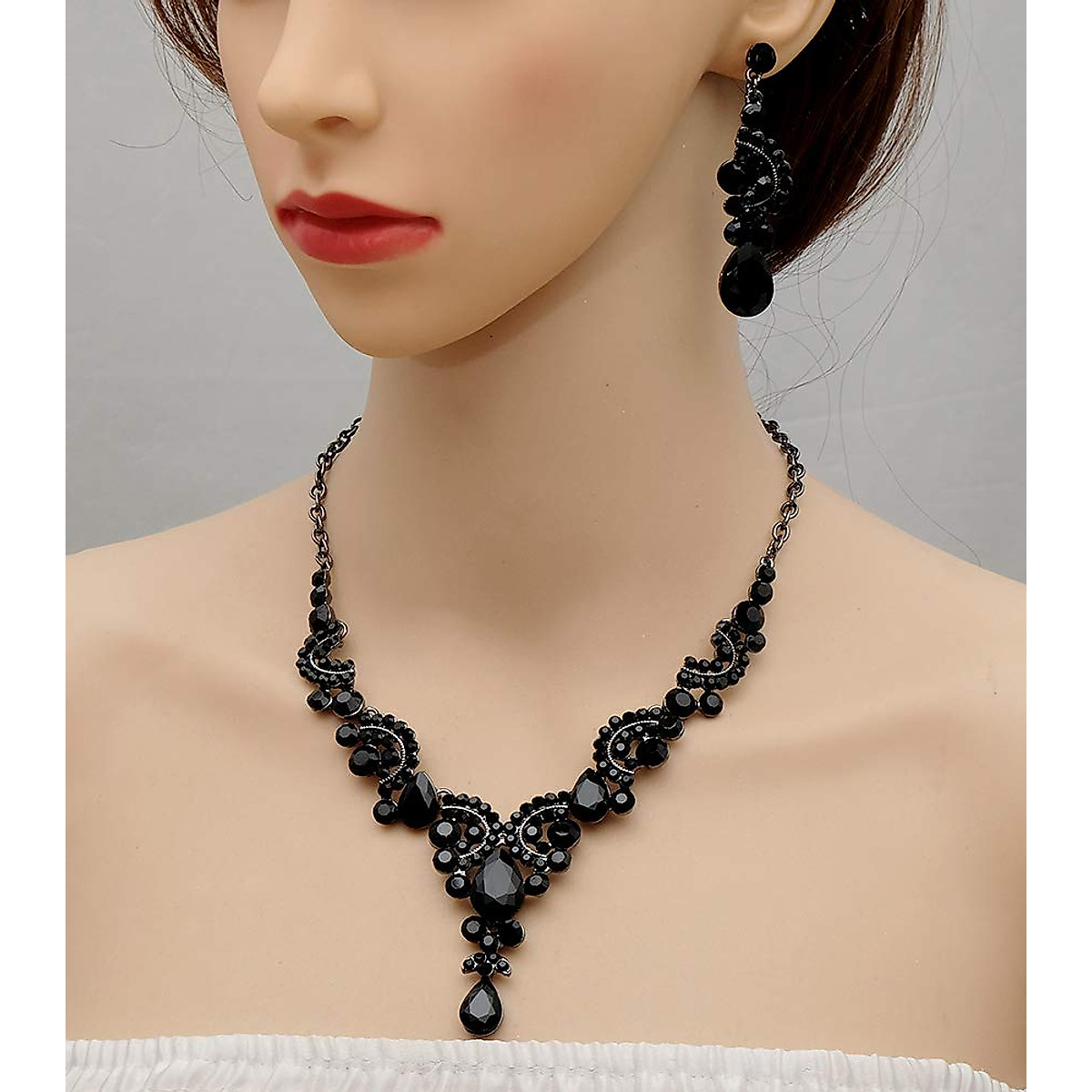 CSY 4 Pcs/Sets Vintage Necklace Earrings Bracelet Ring Retro Bridal Wedding Costume Jewelry Sets for Brides Women Gifts (Black Crystal)