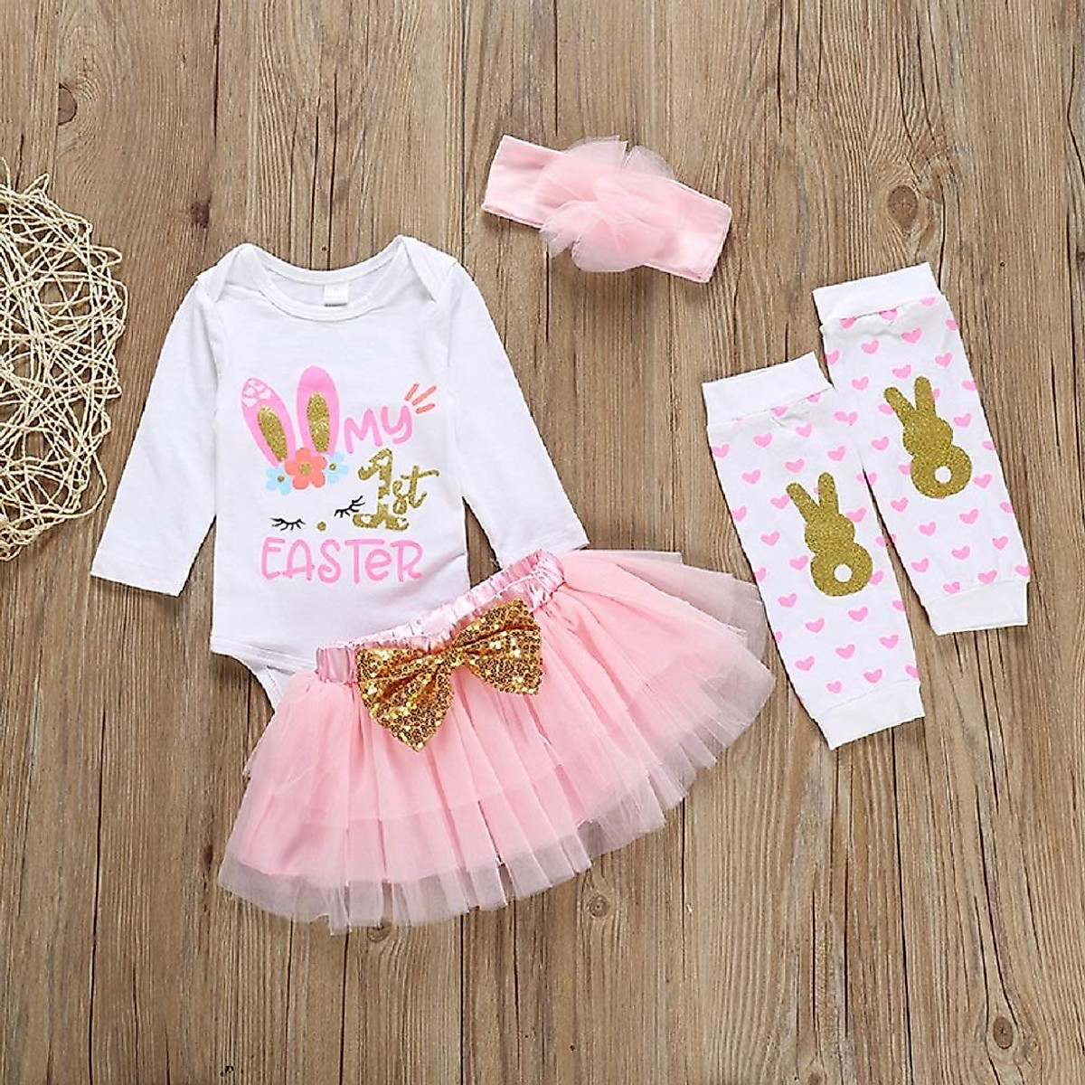 XFGLCK Newborn My 1st Easter Skirt Outfit Baby Girl Bunny Letters Short Sleeve Bodysuit Tutu Skirt Headband Leg Warmers 4pcs (My 1st Easter, 0-3 m)