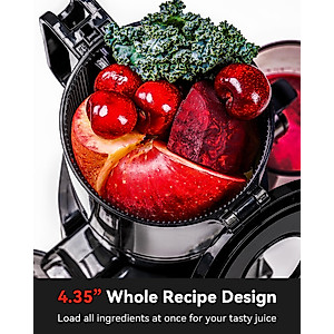 Rush Clear Slow Masticating Juicer Machines, Cold Press Juicer with No-Prep 4.35" Feed Chute Fit Whole Fruits & Vegetables Juicer Machine Easy to Clean, LINKChef 42oz Capacity, 200w, Blackout