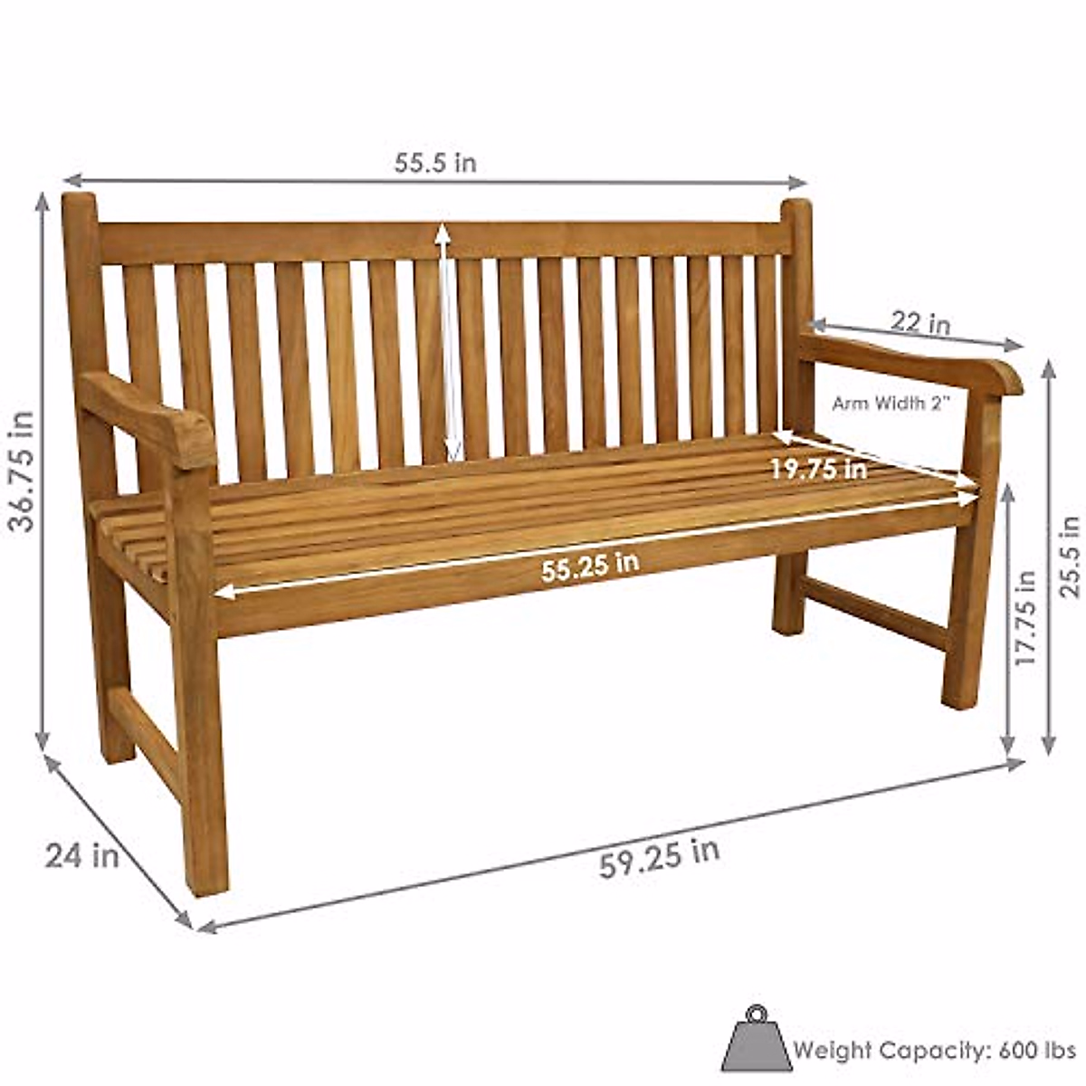 Sunnydaze Solid Teak Outdoor Bench - Light Brown Wood Stain Finish - Mission Style - 59 Inches Long - Patio, Deck, Lawn, Garden, Terrace or Backyard