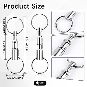 KALIONE 4 Sets Quick Release Detachable Keychain, Swivel Pull Apart Key Chain, Mini Detachable Keychain Rings with 4 Stainless Steel Key Rings for Home Office Outdoor Accessory Supplies(Silver)
