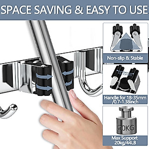3-H 2 Pack Broom Hanger Wall Mount,Broom Holder Stainless Steel,Broom Holder Wall Mount Self Adhesive,Broom Organizer Storage Tool Racks for Home Kitchen Garden Laundry Garage(Silver)