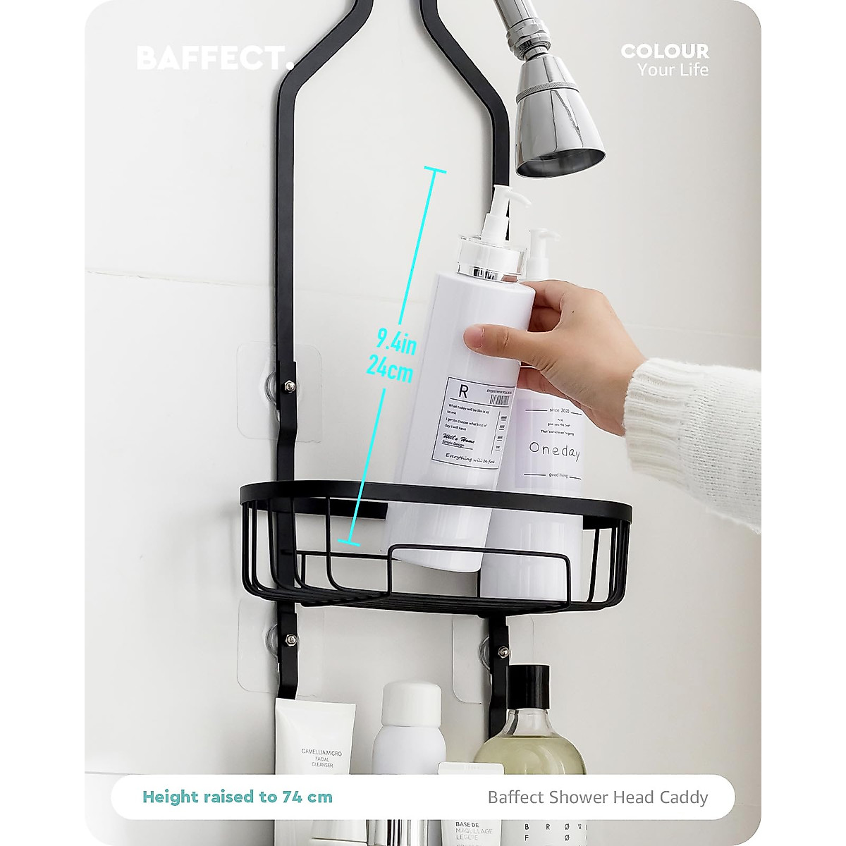 Baffect Shower Head Caddy, Upgraded Extended Metal Shower Storage Rack, Rust-Resistant Bathroom Organizer with Soap Holder and Hooks (Matte Black)