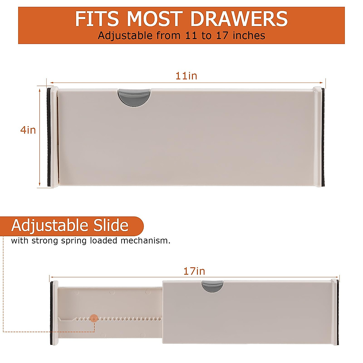 APOCHON 5 Pack Adjustable Drawer Dividers, 4" High, 11-17" Long, Dresser Drawer Divider for Bedroom, Closet, Kitchen, Nursery Organization, Office, Strong & Sturdy Hold, Soft Foam Edges,Beige