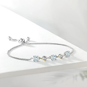 Gem Stone King 925 Silver and 10K Yellow Gold Bracelet For Women Round Sky Blue Aquamarine and Moissanite (1.52 Cttw)