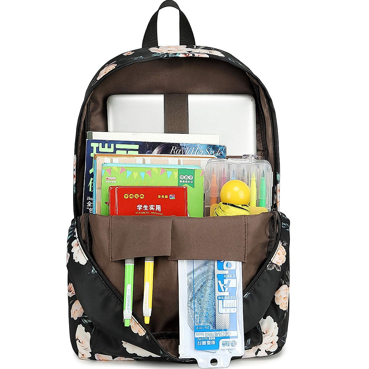 School Backpack for Teen Girls Bookbags Elementary High School Floral Laptop Bags Women Travel Daypacks (Black flower)