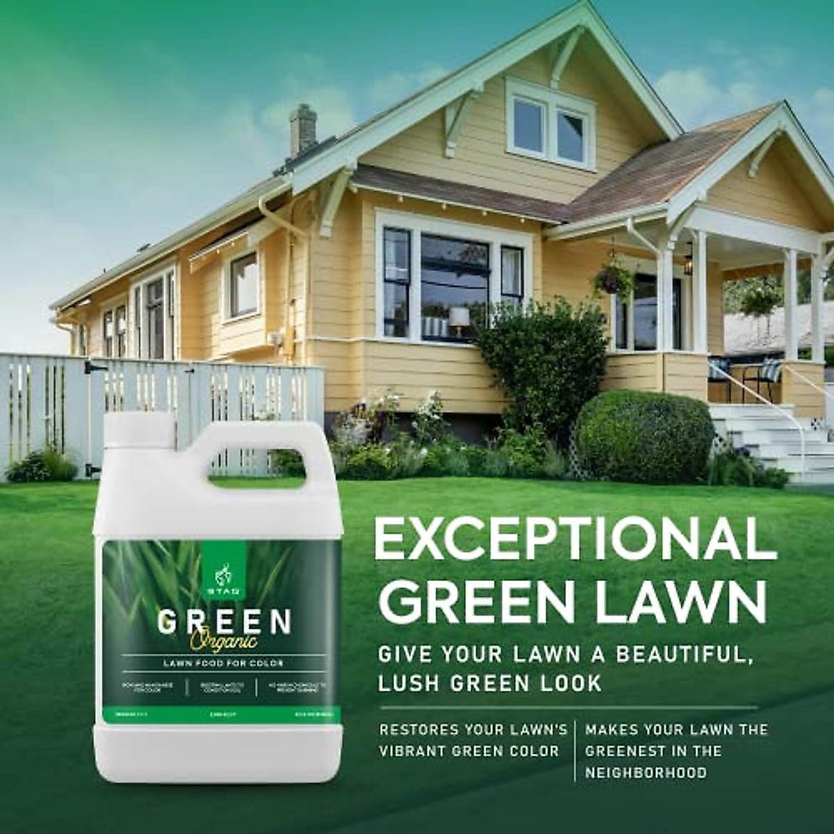 Green Organic Fertilizer - Grass Fertilizer for Greener Color & Sustained Growth, Lawn Food That Conditions & Nourishes Soil, No Harsh Chemicals Turf Care, 32 oz. Lawn Food for 5,000 sq. ft.