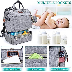 Breast Pump Backpack with Pacifier Case, Cooler & Moistureproof Diaper Bag Backpack Tote Bag with USB Charging Port & Headphone, Double Layer Stroller Straps Multipurpose Backpack for Working Mothers