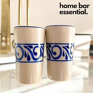 Casa Fiesta Designs Mexican Shot Glasses, Tequilero Mexicano - Hand-painted in Mexico - Great for Tequila, Mezcal and Sangrita, 2 oz set of 2 - Tequilero Colonial White Flores Entre Lineas