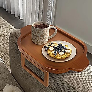 Wooden Couch Tray with Handle, Foldable Couch Arm Table, Sofa Arm Tray for Wide Couches Arm Within 10 Inches, Waterproof & Non-Slip Couch Arm Tray for Snacks Remote Control or Phone (Dark Brown)