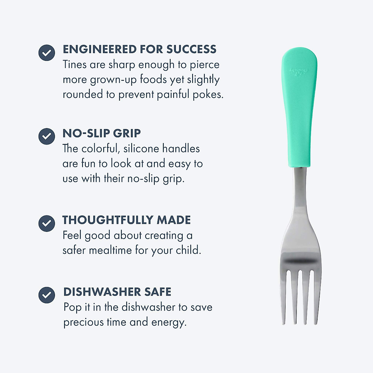 Avanchy Baby Spoons and Forks Stainless Steel and Silicone Set, Self Feeding Food Utensils, 4 Months Baby Led Weaning, 2 Pack, Blue Spoon, Fork