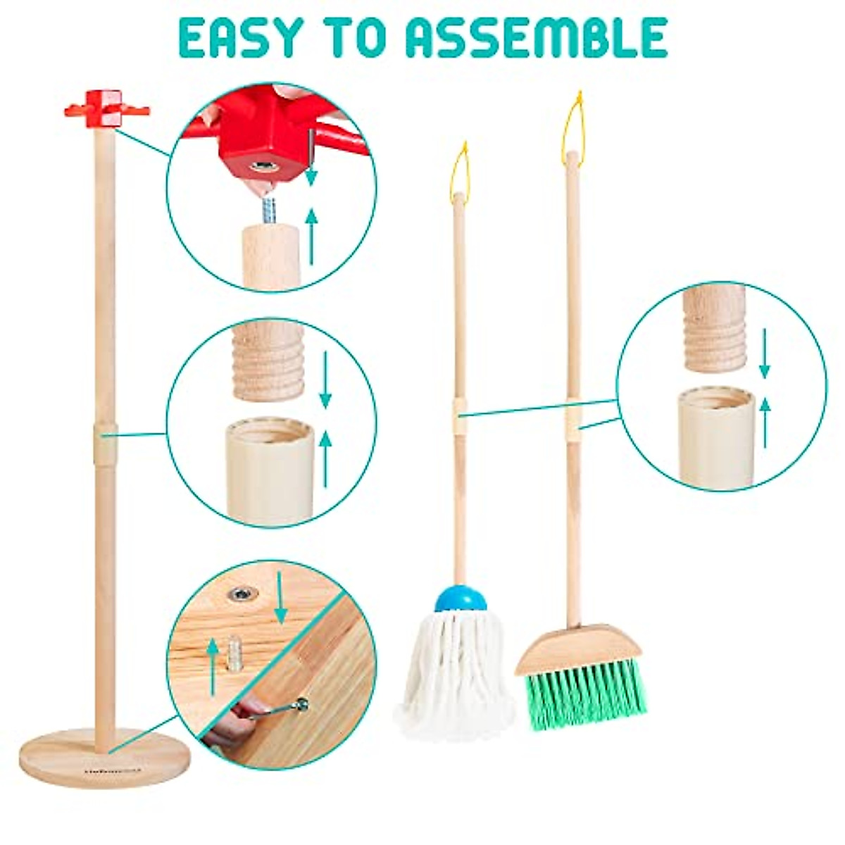 HELLOWOOD Kids Cleaning Set, 8pcs Housekeeping Play Set Includes Broom Mop Duster Dustpan Brushes Rag and Organizing Stand, Cleaning Toys Gift for Toddlers Girls Boys Age 3-6, Solid Beech Wood