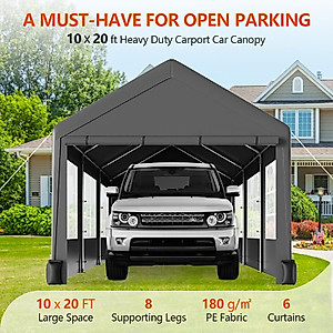10 * 20 Heavy Duty Carport Canopy, PioneerWorks Portable Car Tent Garage with 6 Roll-up Windows and All-Season Tarp Cover, Metal Roof & 4 Sandbags for Car, SUV, Truck & Boat, Grey