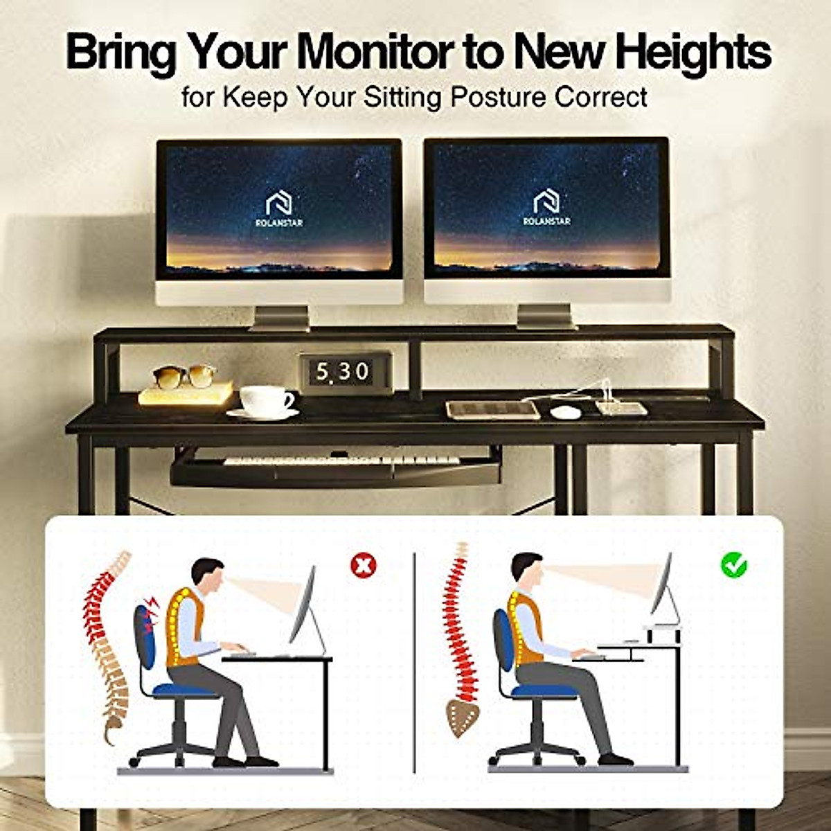 Rolanstar Computer Desk with Power Outlet and Monitor Stand Shelf, 47” Home Office PC Desk with Keyboard Tray and USB Ports Charging Station, Desktop Table, Stable Metal Frame Workstation, Black