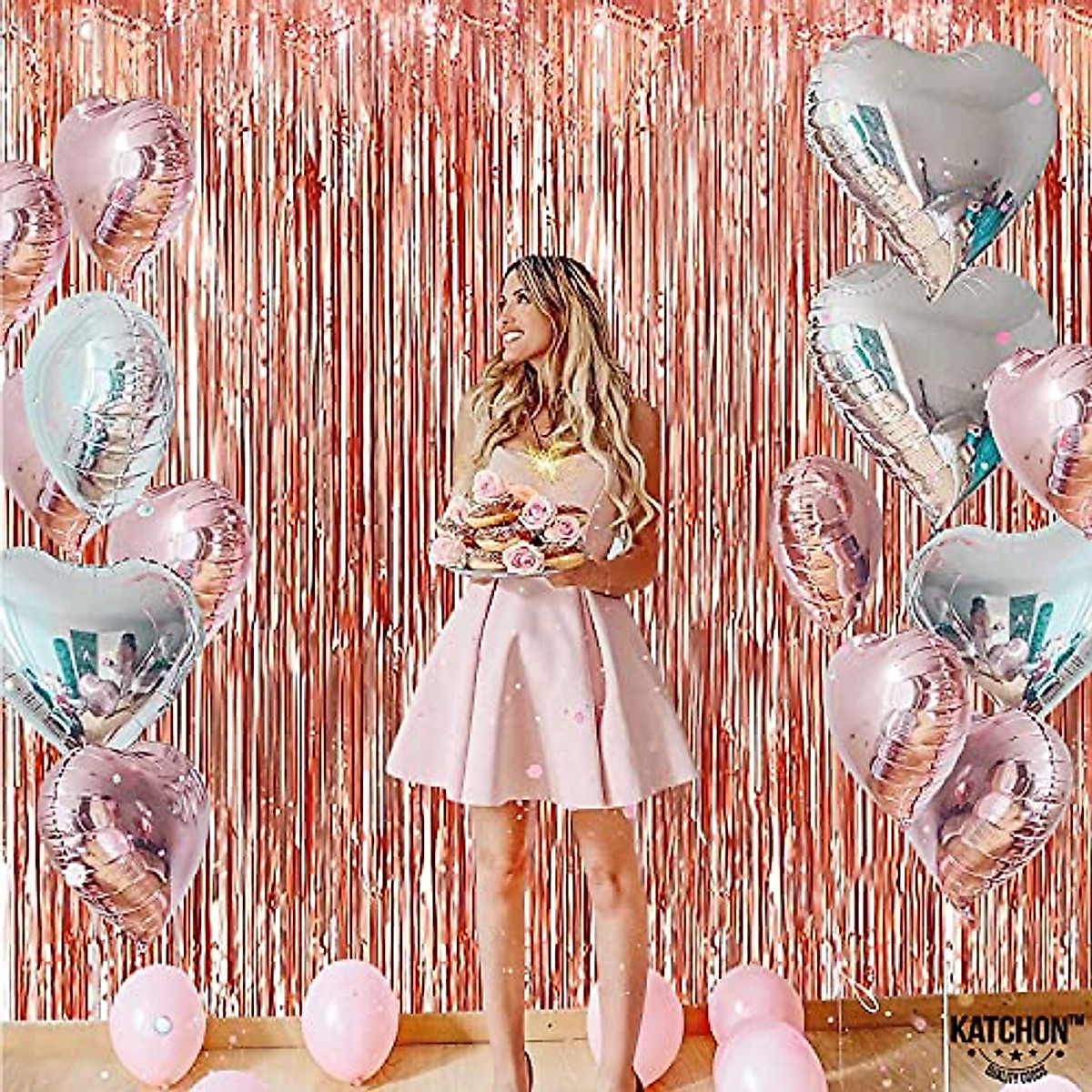 Big 3 Pieces Rose Gold Fringe Curtain - 9.6x8 Feet, Rose Gold Streamers | Rose Gold Backdrop for Birthday Party | Rose Gold Tinsel Backdrop, Rose Gold Party Decorations, Bachelorette Party Decorations