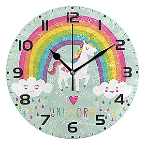 Oreayn Rainbow Unicorn Wall Clock for Home Office Bedroom Living Room Decor Non Ticking Colorful