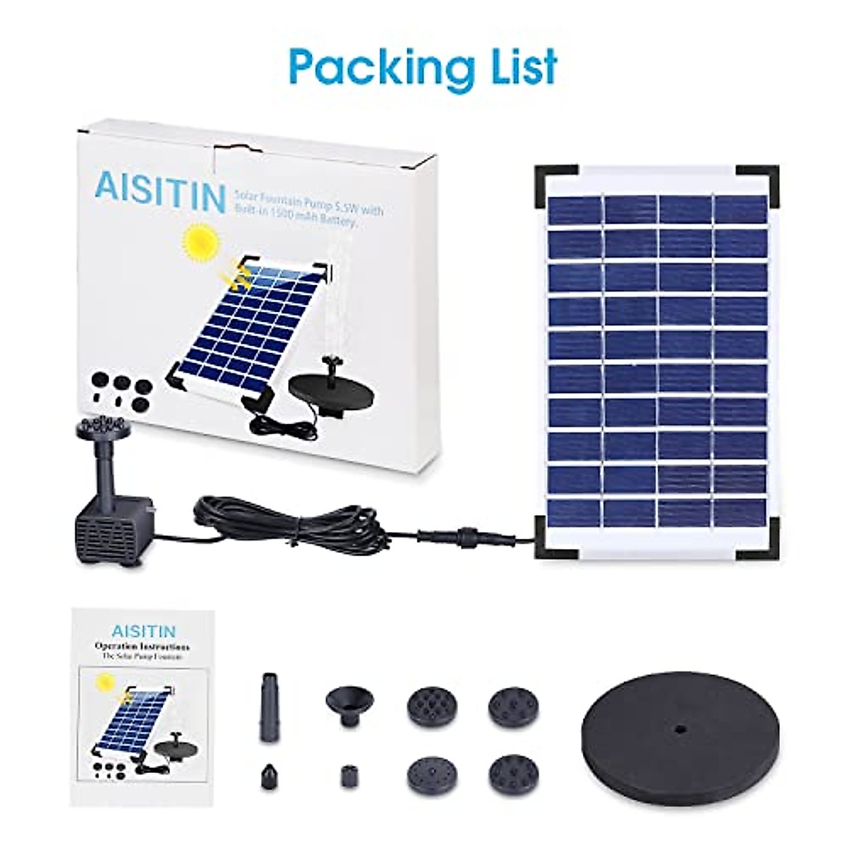 AISITIN 5.5W Solar Fountain Pump Built-in 1500mAh Battery, Solar Bird Bath Fountain with 6 Nozzles, Solar Floating Water Fountain Pump for Bird Bath, Fish Tank, Pond, Garden and Outdoor