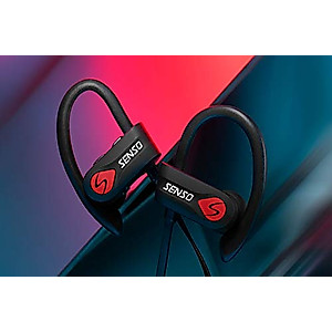 Senso Bluetooth Headphones, Best Wireless Sports Earphones w/Mic IPX7 Waterproof HD Stereo Sweatproof Earbuds for Gym Running Workout 8 Hour Battery Noise Cancelling Headsets (Black Red)