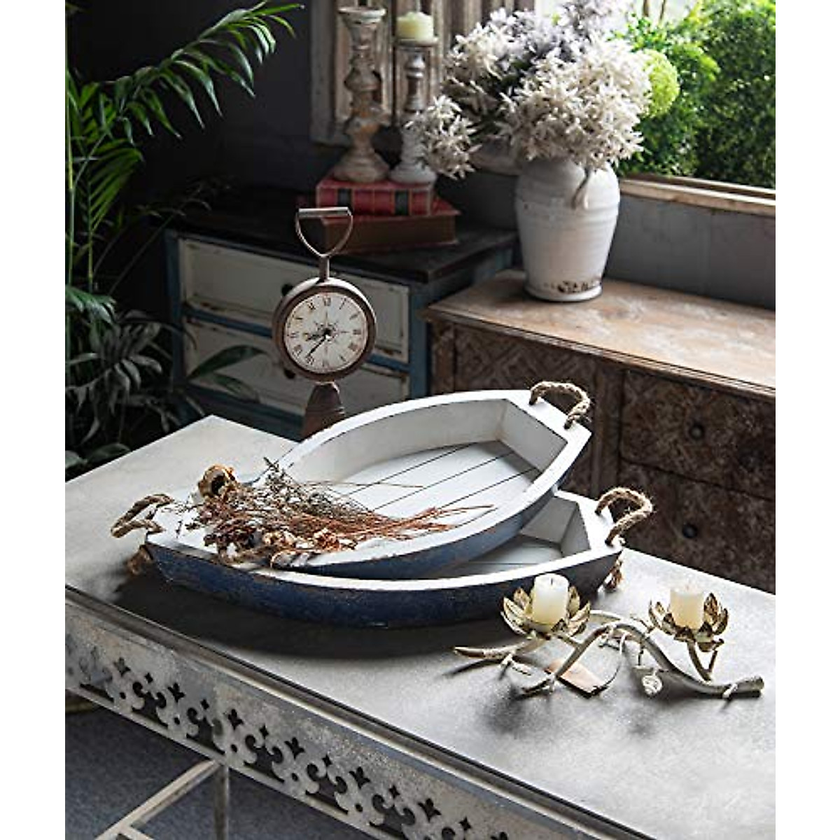 Distressed White Nesting Wood Serving Tray for Eating with Rope Handles,Set of 2 Farmhouse Handwork Boat Shaped Large Decoration Serving Trays for Party Kitchen Counter, Dining Room Coffee Table