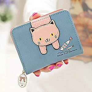 Girls Women Faux Leather Small Wallet Cute Cat Pattern Clutch Purse Coin Holder Card Organizer,Bifold (Blue)