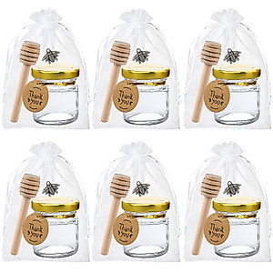 6 Pack 1.5 oz Mini Glass Honey Jars with Wood Dipper - Little Wedding Jars for Baby Shower Party Favors - Small Glass Favor Jars with Airtight Lids, Bee Pendant,Gift Bag, Gold Twist Tie and Tag