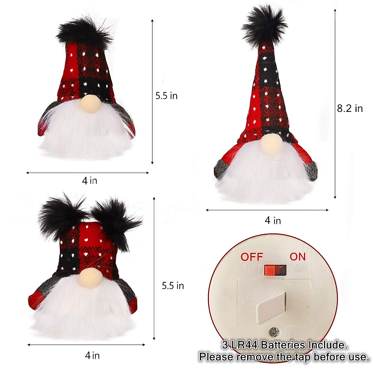 Juegoal 3 Pack Lighted Christmas Gnome, Handmade Plush Mini Scandinavian Swedish Tomte, Battery Operated Winter Tabletop Christmas Decorations