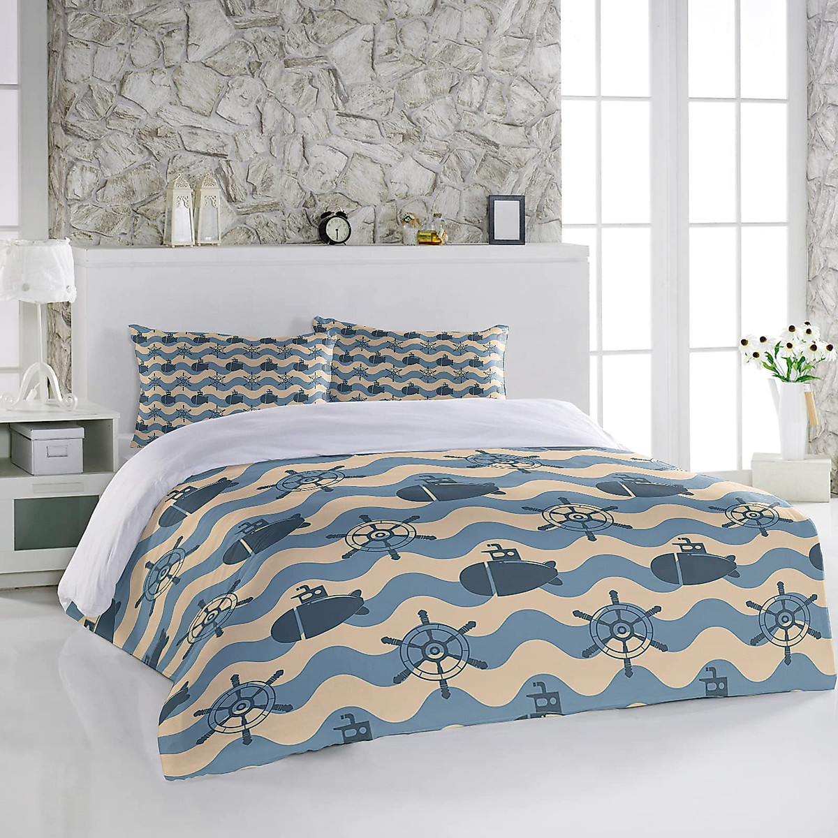 California King Duvet Covers Nautical Rudder Submarine 3-Piece Bedding Sets Luxury Soft Microfiber Bed Comforter Protector with Pillow Cases for Women Men Girl Boy Water Ripple Stripes