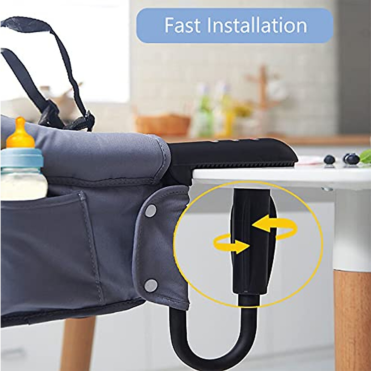 GINSER Hook On Chair, Clip On High Chair for Babies and Toddlers, Washable Fast Table Chair for Home and Travel, Gray