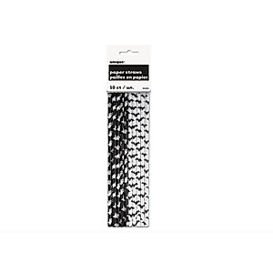 Unique Bat & Ghost Halloween Paper Straws - 11.25", Black & White, 10 Pcs