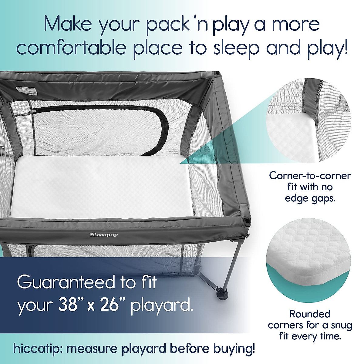 hiccapop Pack and Play Mattress Pad for (38"x26"x1") Portable Crib Playpen | Playard Pack N Play Mattress Topper with Travel Carry Bag & Soft Washable Cover
