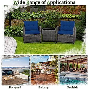 RELAX4LIFE Wicker Patio Furniture Sets - 3 Pieces Patio Rattan Sofa Set, Outdoor Conversation Set with Tempered Glass Tabletop, Heavy-Duty Steel Frame, Wicker Chair Set for Poolside, Backyard, Navy