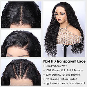 Alibeauty 13x4 HD Transparent Lace Front Wigs Human Hair Pre Plucked Hairline with Baby Hair 200 Density Brazilian Water Wave Wigs for Black Women(20 Inch)