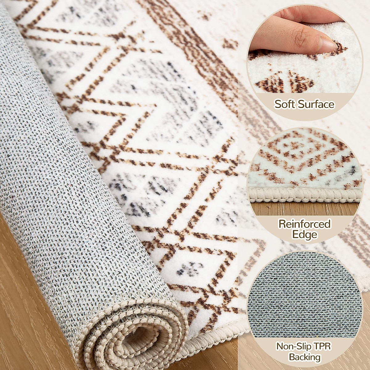 BESTSWEETIE 9x12 Area Rugs for Living Room Washable Moroccan Farmhouse Neutral Geometric Low Pile Non-Slip Soft Print Pattern Rug for Bedroom Kitchen Dining Room Entryway Cream/Brown/Pink